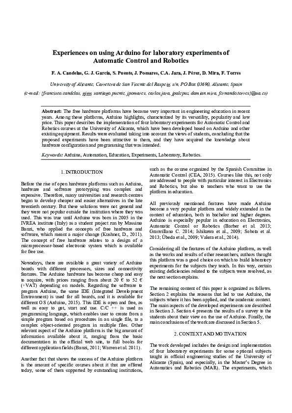 (PDF) Experiences on using Arduino for laboratory experiments of ...