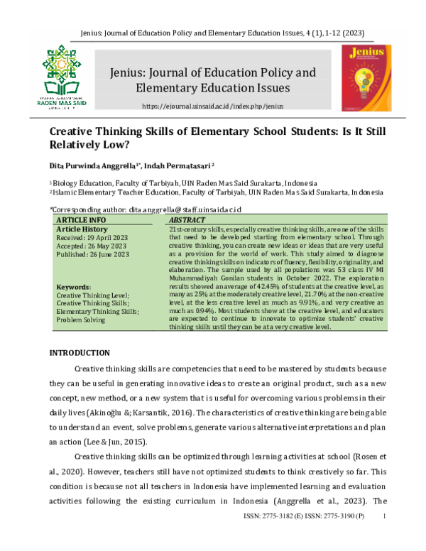 (PDF) Creative Thinking Skills of Elementary School Students: Is It ...