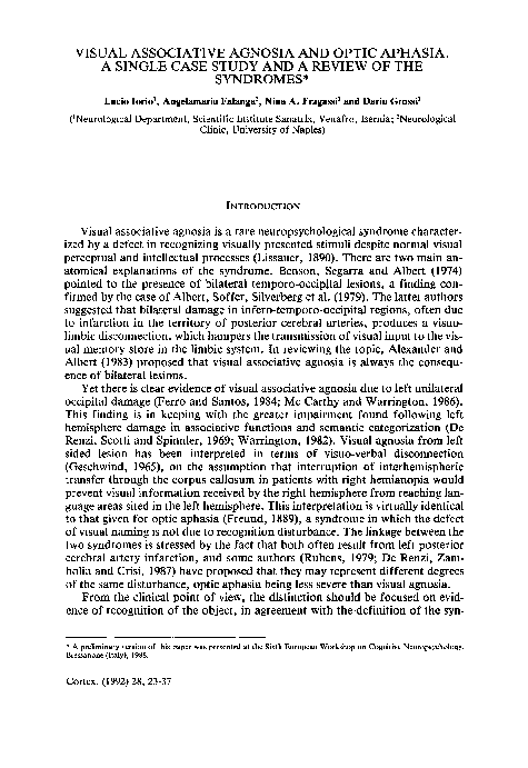 (PDF) Visual Associative Agnosia and Optic Aphasia. A Single Case Study ...