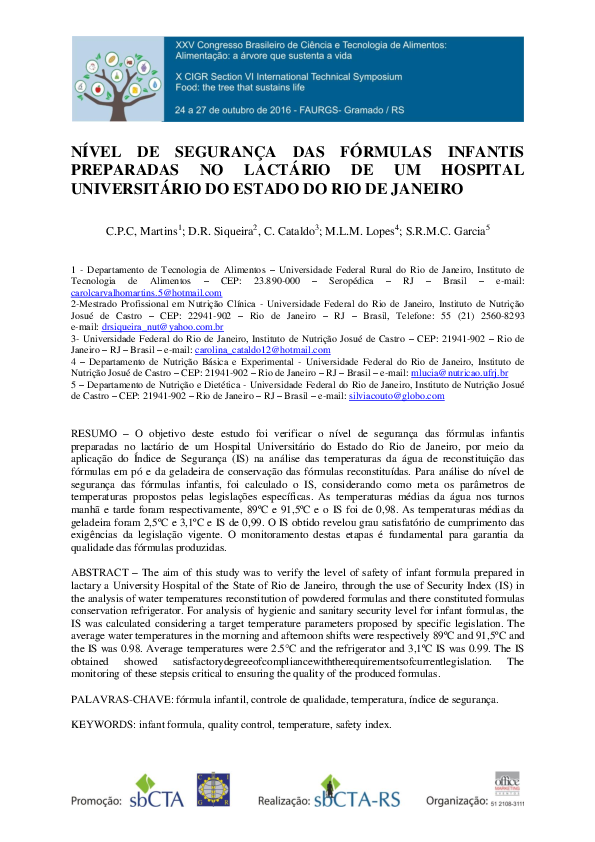 (PDF) Nível de segurança de fórmulas infantis preparadas no Lactário de ...