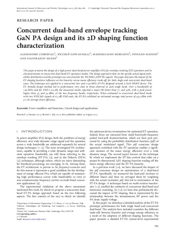 (PDF) Concurrent dual-band envelope tracking GaN PA design and its 2D ...
