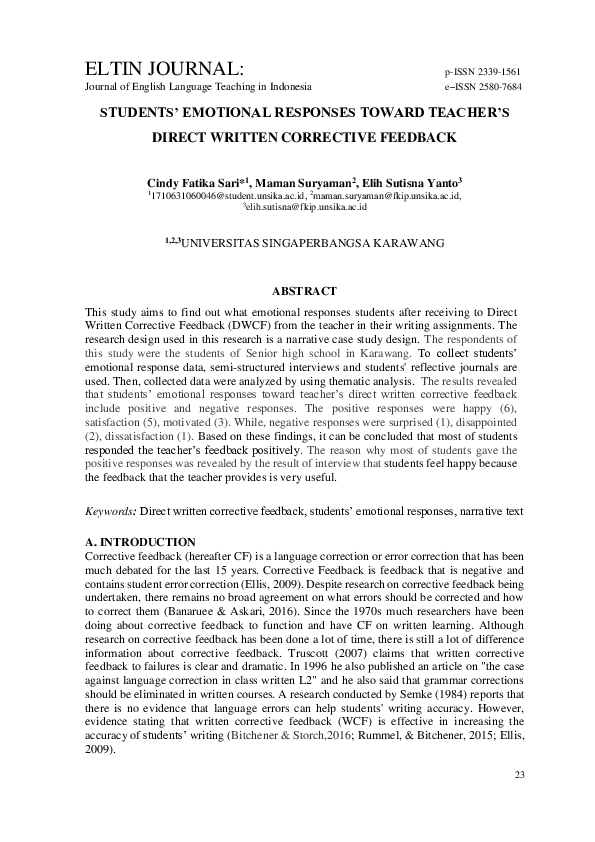 (PDF) Students’ Emotional Responses Toward Teacher’s Direct Written ...