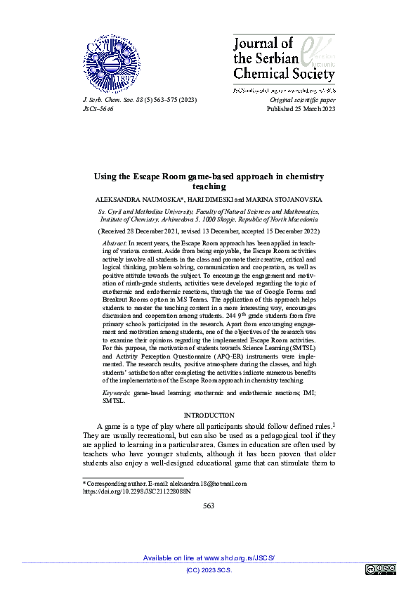 (PDF) Using the Escape Room game-based approach in chemistry teaching