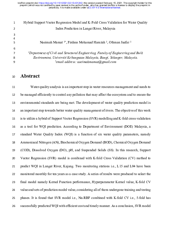 (PDF) Hybrid Support Vector Regression Model and K-Fold Cross Validation for Water Quality Index ...