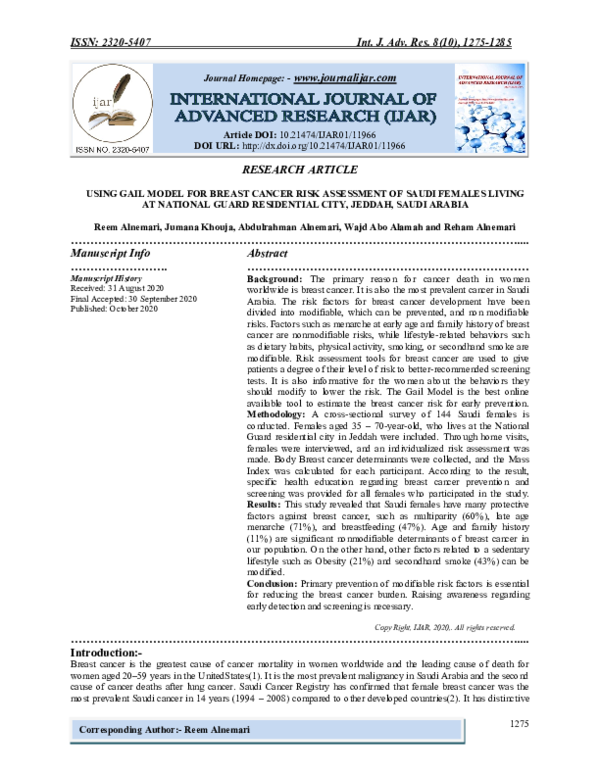 (PDF) Using Gail Model for Breast Cancer Risk Assessment of Saudi ...