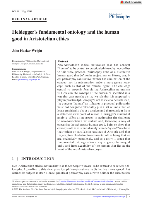 (PDF) Heidegger's fundamental ontology and the human good in Aristotelian ethics