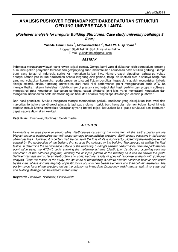 (PDF) Analisis Pushover Terhadap Ketidakberaturan Struktur Gedung Universitas 9 Lantai