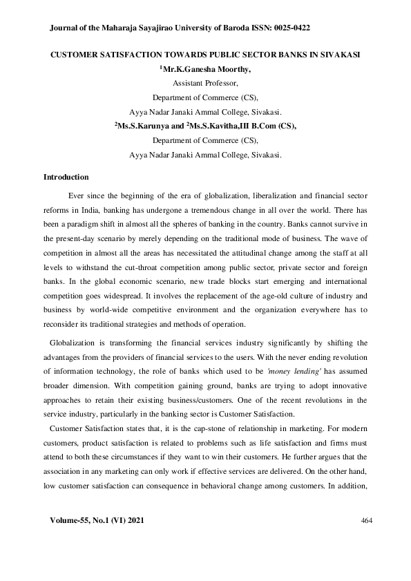(PDF) CUSTOMER SATISFACTION TOWARDS PUBLIC SECTOR BANKS IN SIVAKASI