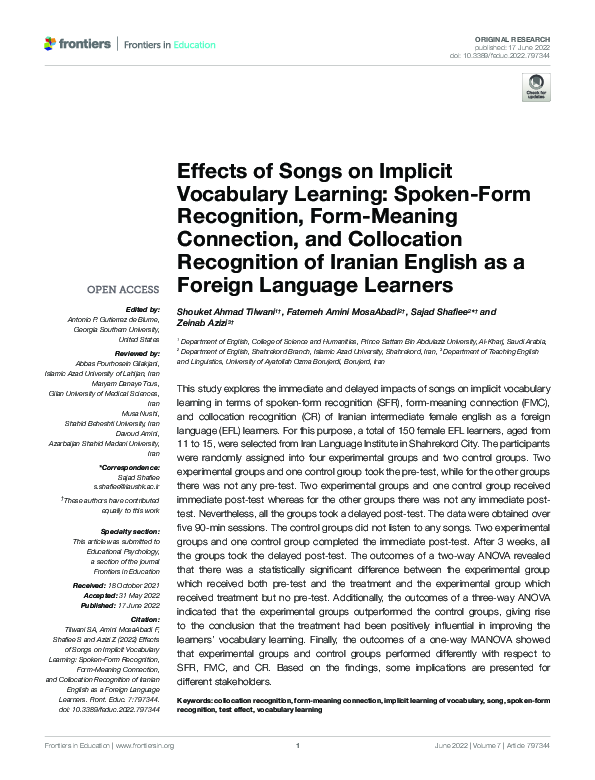 (PDF) Effects of Songs on Implicit Vocabulary Learning: Spoken-Form ...