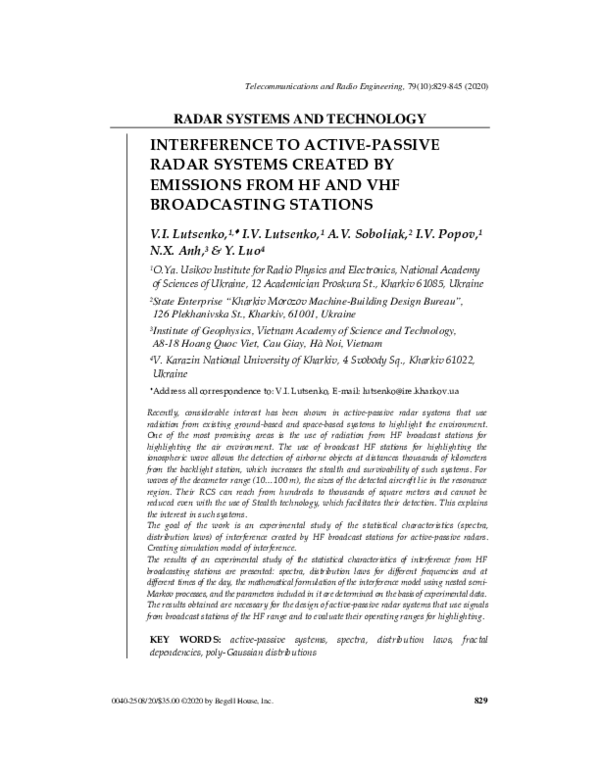 (PDF) INTERFERENCE TO ACTIVE-PASSIVE RADAR SYSTEMS CREATED BY EMISSIONS ...