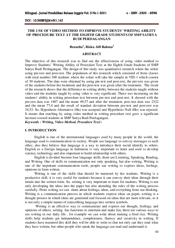 (PDF) The Use of Video Method to Improve Students’ Writing Ability of Procedure Text at the ...