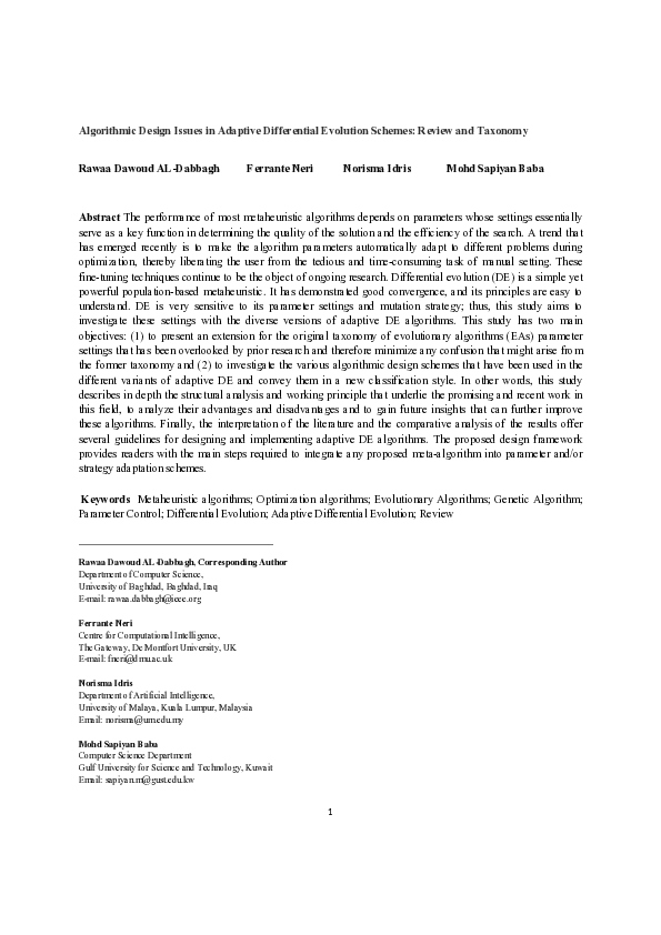(PDF) Algorithmic design issues in adaptive differential evolution schemes: Review and taxonomy