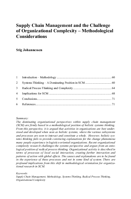 (PDF) Supply Chain Management and the Challenge of Organizational Complexity — Methodological ...