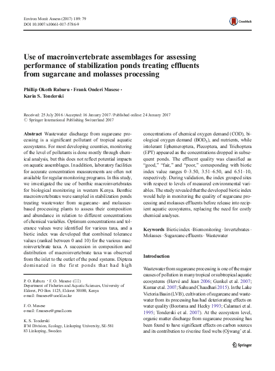 (PDF) Use of macroinvertebrate assemblages for assessing performance of stabilization ponds ...