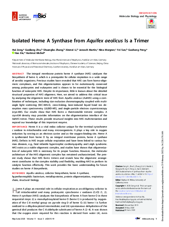 (PDF) Isolated Heme A Synthase from Aquifex aeolicus Is a Trimer