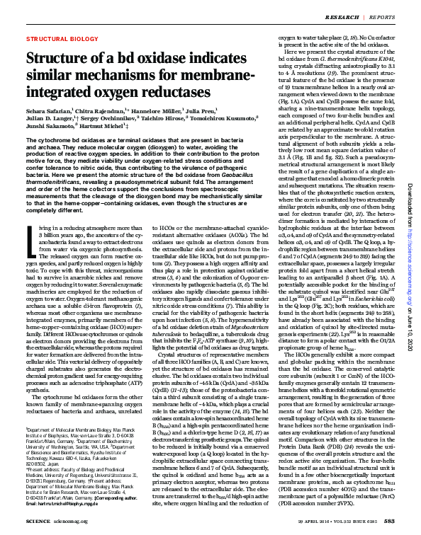 (PDF) Structure of a bd oxidase indicates similar mechanisms for ...