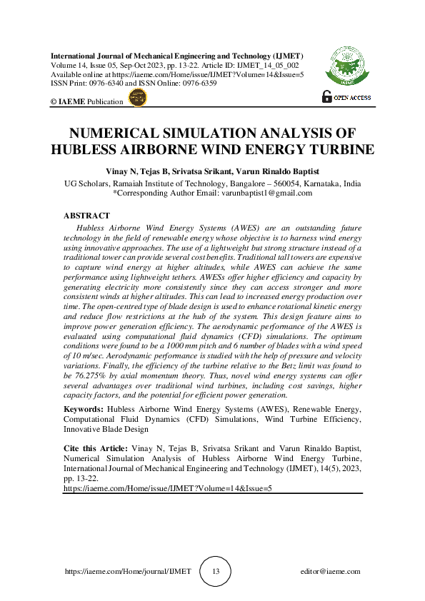 (PDF) NUMERICAL SIMULATION ANALYSIS OF HUBLESS AIRBORNE WIND ENERGY TURBINE