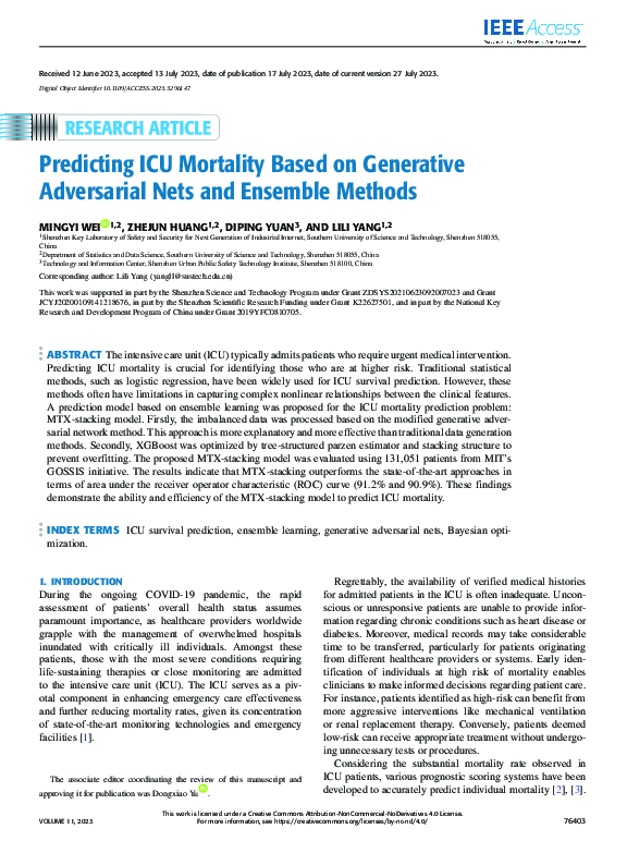 (PDF) Predicting ICU Mortality Based on Generative Adversarial Nets and Ensemble Methods