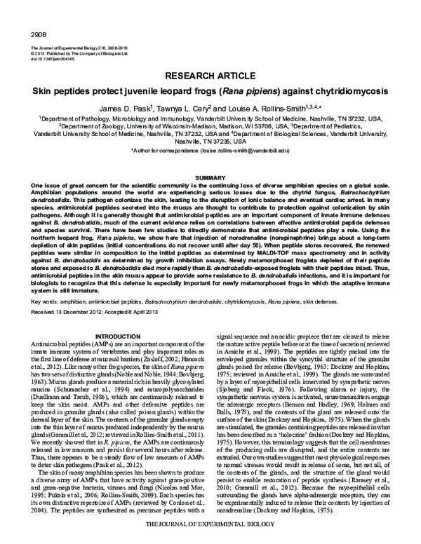 (PDF) Skin peptides protect juvenile leopard frogs ( Rana pipiens ...