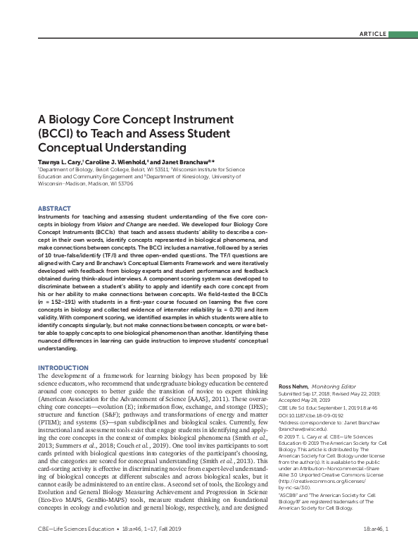 (PDF) A Biology Core Concept Instrument (BCCI) to Teach and Assess ...