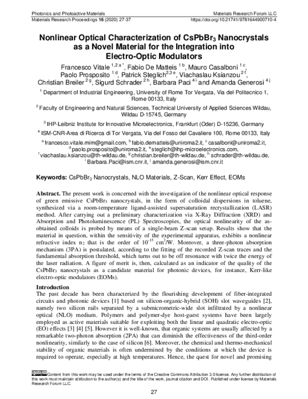 (PDF) Nonlinear Optical Characterization of CsPbBr3 Nanocrystals as a Novel Material for the ...