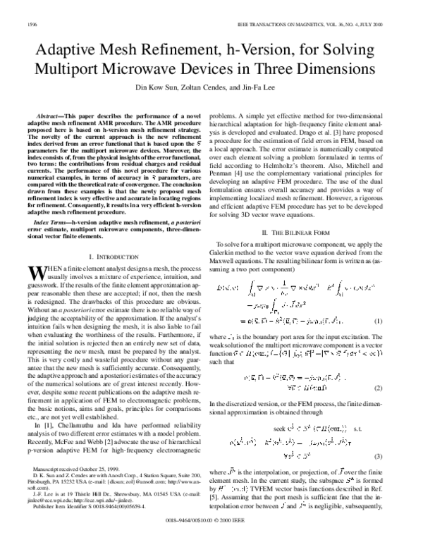 (PDF) Adaptive mesh refinement, h-version, for solving multiport microwave devices in three ...