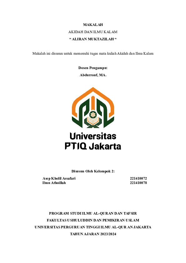 (DOC) Makalah ini disusun untuk memenuhi tugas mata kuliah Akidah dan Ilmu Kalam Dosen Pengampu
