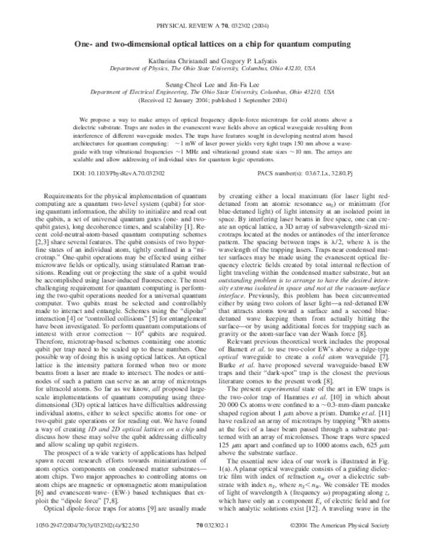 (PDF) One- and two-dimensional optical lattices on a chip for quantum computing