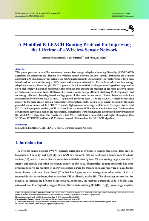 Pdf A Modified E Leach Routing Protocol For Improving The Lifetime Of A Wireless Sensor