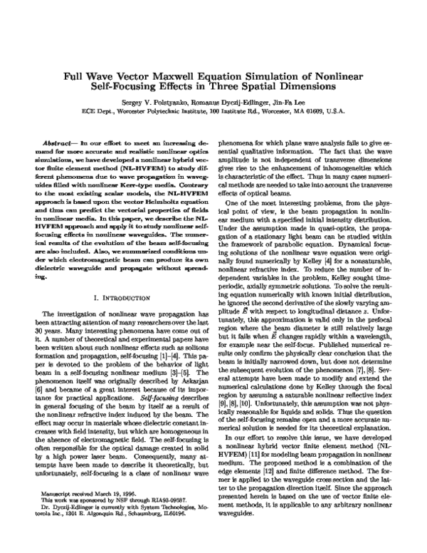 Pdf Full Wave Vector Maxwell Equation Simulation Of Nonlinear Self
