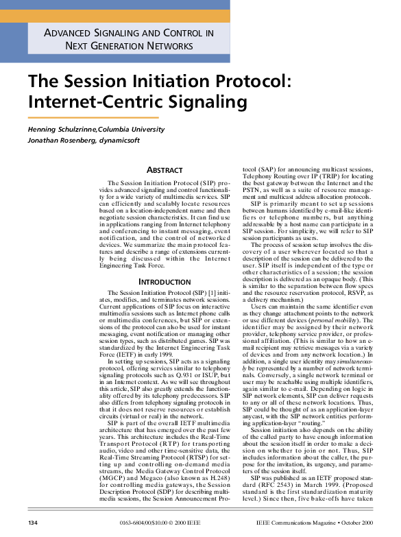 (PDF) The Session Initiation Protocol: Internet-centric signaling