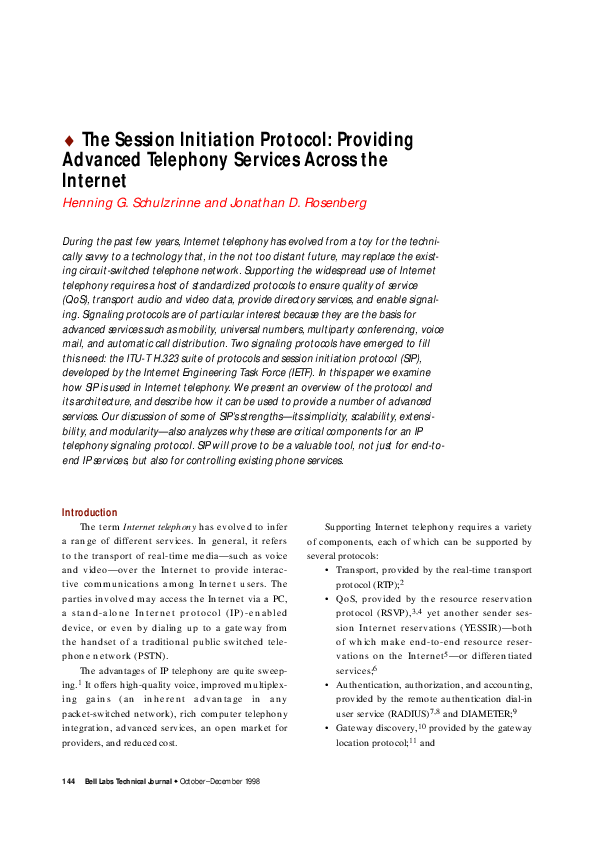 (PDF) The Session Initiation Protocol: Providing advanced telephony services across the Internet