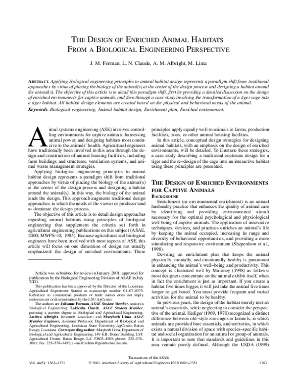 (PDF) The Design of Enriched Animal Habitats from a Biological ...