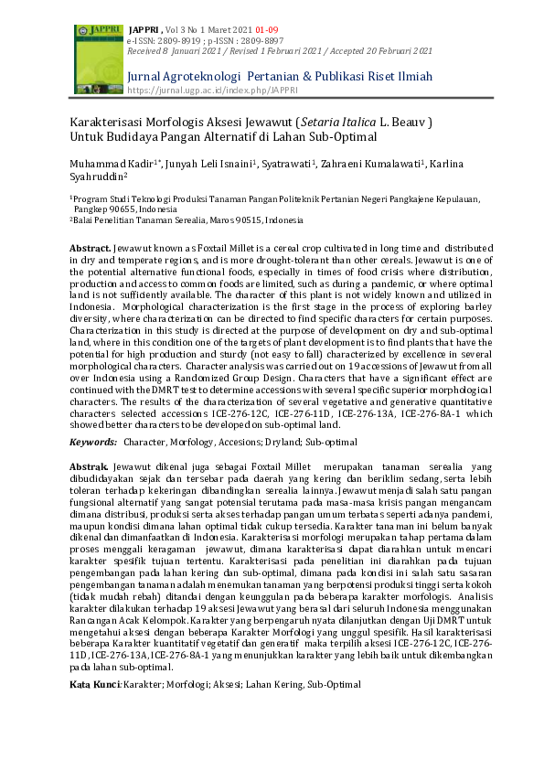 (PDF) Karakterisasi Morfologis Aksesi Jewawut (Setaria Italica L. Beauv ...