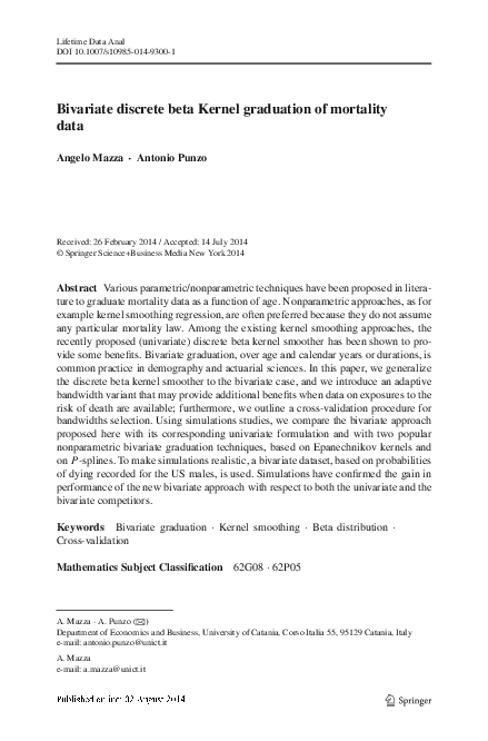 (PDF) Bivariate discrete beta Kernel graduation of mortality data