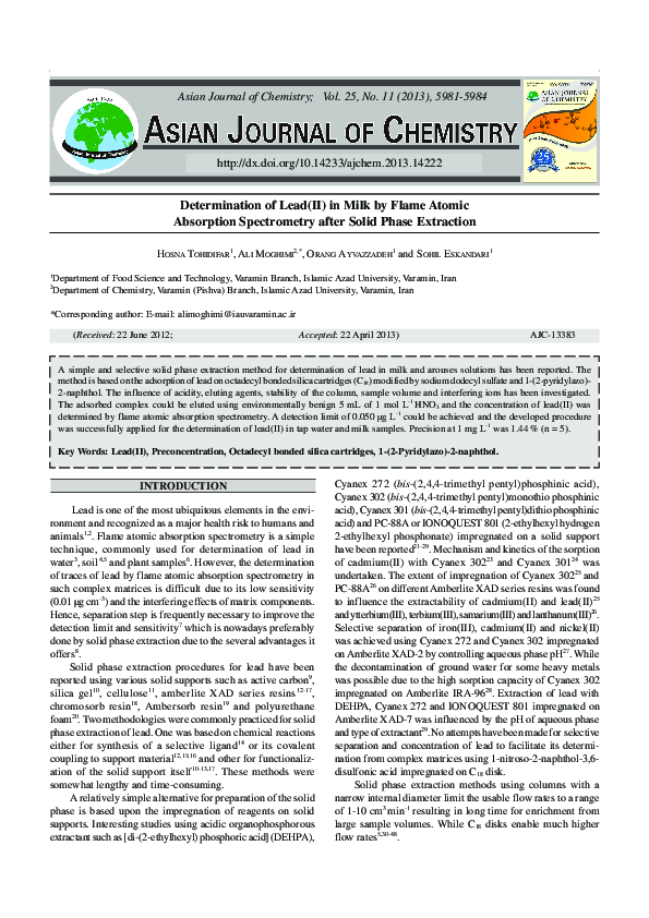 Pdf Determination Of Lead Ii In Milk By Flame Atomic Absorption Spectrometry After Solid