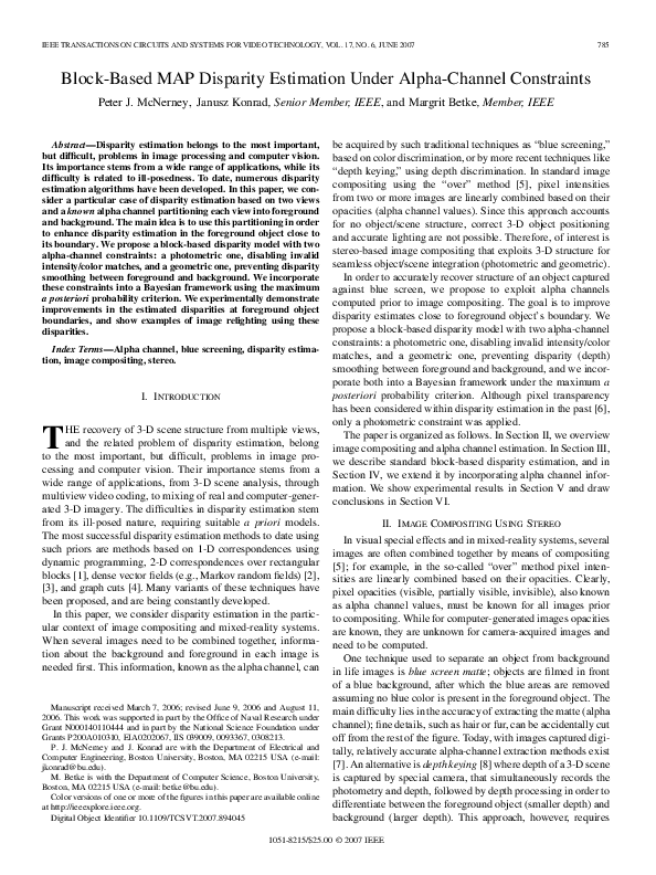 (PDF) Block-Based MAP Disparity Estimation Under Alpha-Channel Constraints