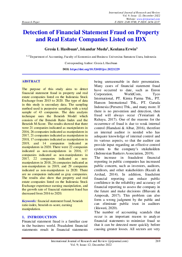(PDF) Detection of Financial Statement Fraud on Property and Real Estate Companies Listed on IDX