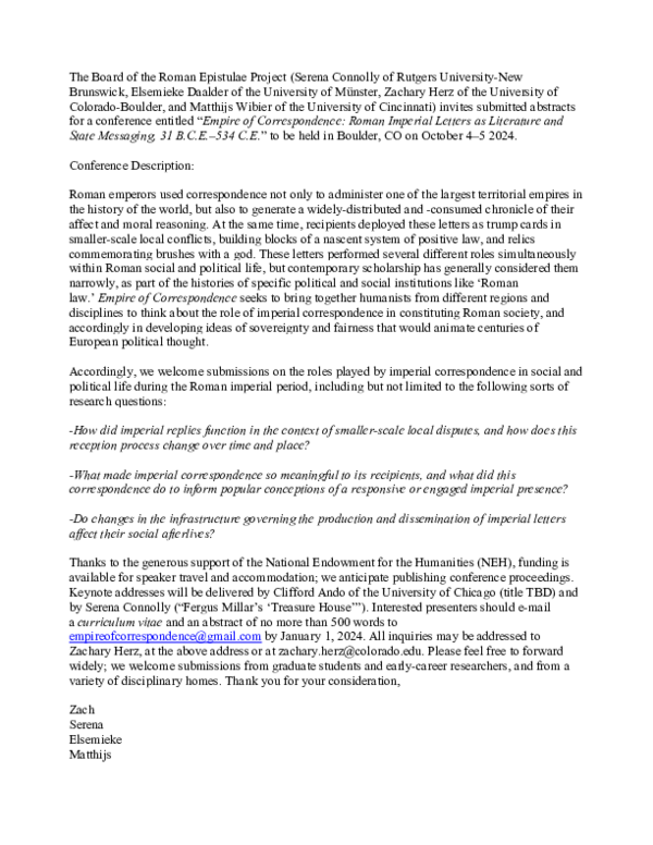 (PDF) Call for Abstracts -- Empire of Correspondence