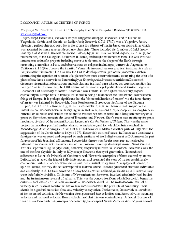 (DOC) BOSCOVICH AND ATOMS AS POINT CENTERS OF FORCE