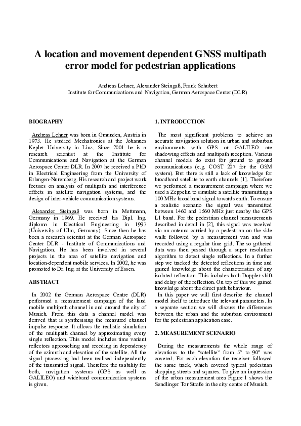 (PDF) A location and movement dependent GNSS multipath error model for pedestrian applications