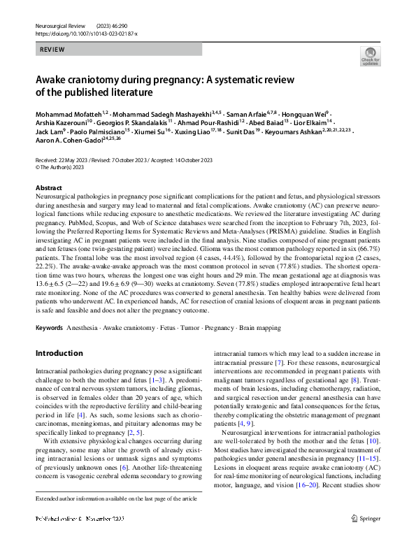 (PDF) Awake craniotomy during pregnancy: A systematic review of the published literature