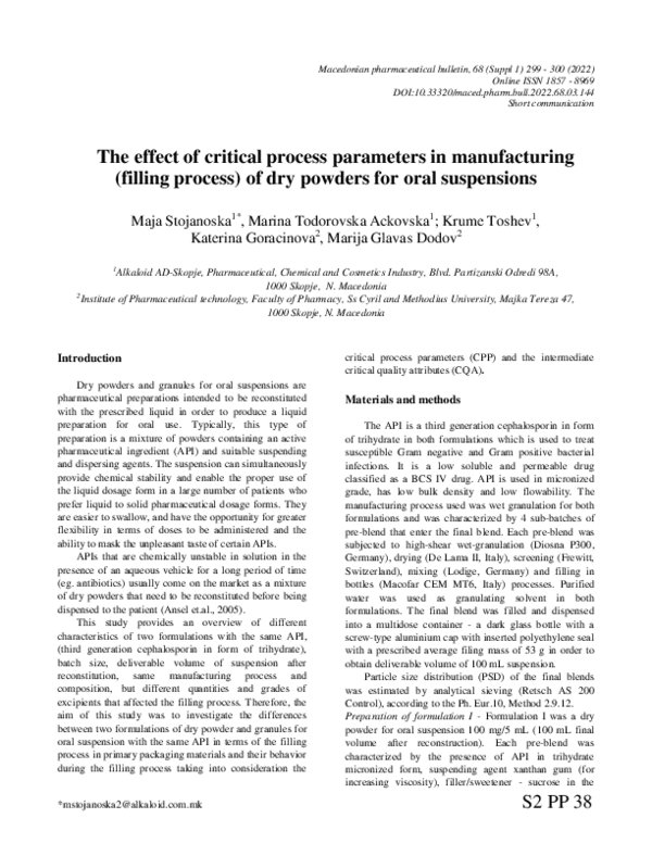 (PDF) The effect of critical process parameters in manufacturing (filling process) of dry ...