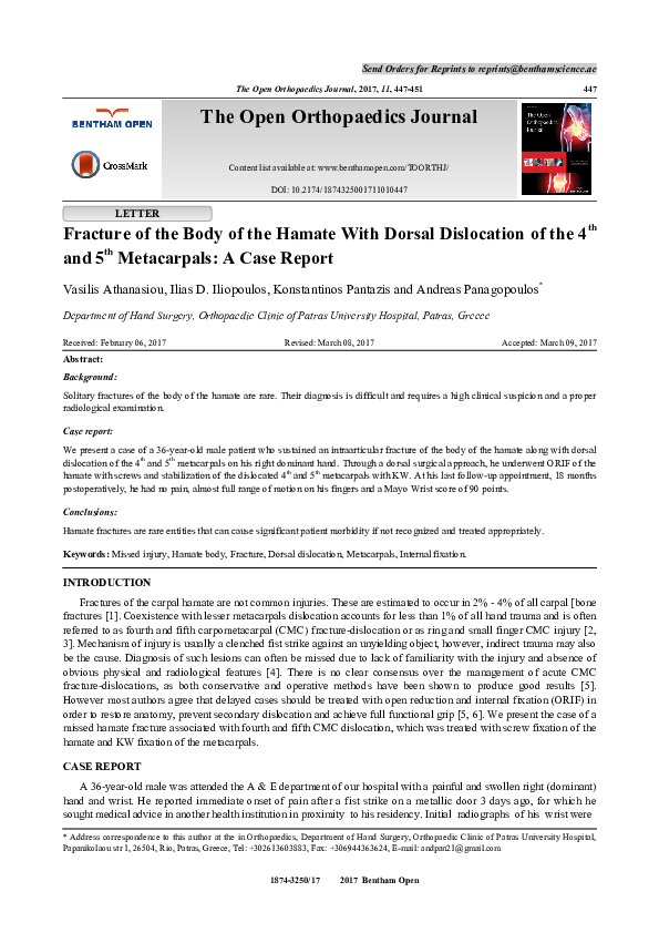 Pdf Fracture Of The Body Of The Hamate With Dorsal Dislocation Of The 4th And 5th Metacarpals
