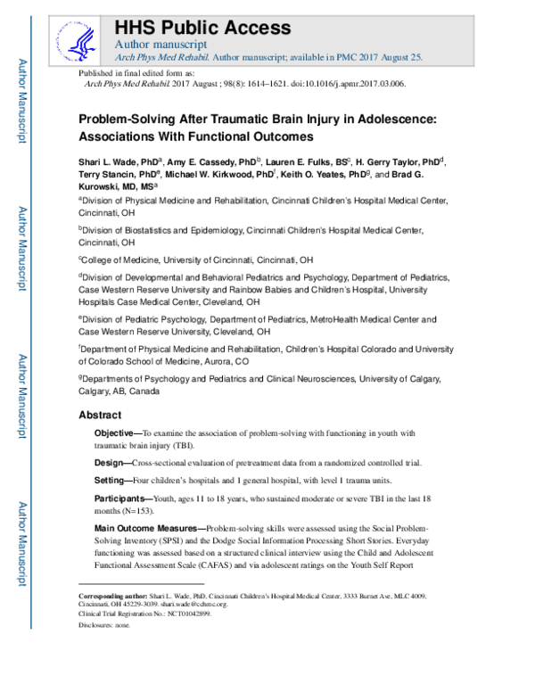 (PDF) Problem-Solving After Traumatic Brain Injury in Adolescence ...