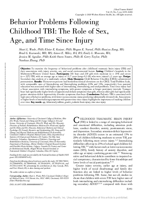 (PDF) Behavior Problems Following Childhood TBI: The Role of Sex, Age ...