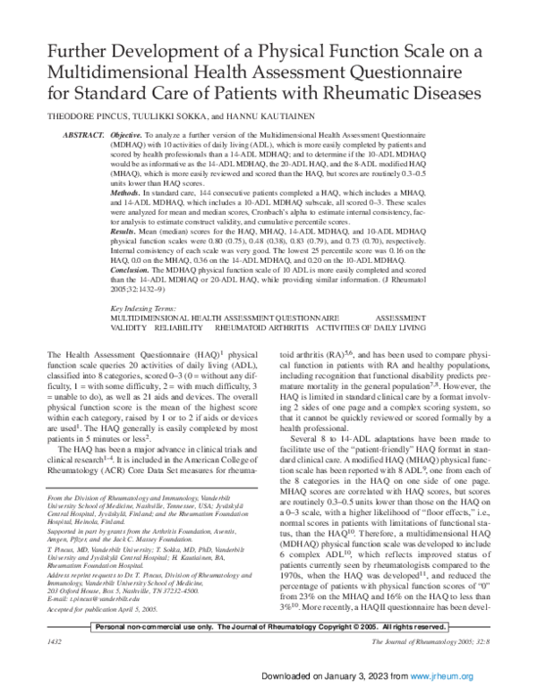 (PDF) Further development of a physical function scale on a MDHAQ ...