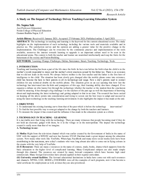 (PDF) A Study On The Impact Of Technology Driven Teaching-Learning Education System | Sapna Sah ...