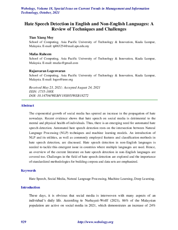 (PDF) Hate Speech Detection in English and Non-English Languages: A Review of Techniques and ...