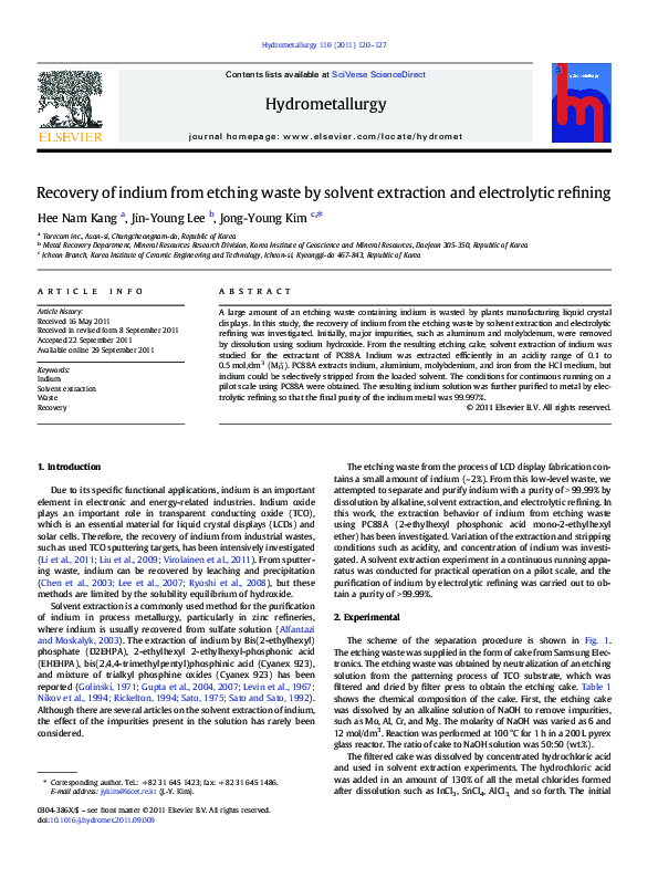 (PDF) Recovery of indium from etching waste by solvent extraction and ...